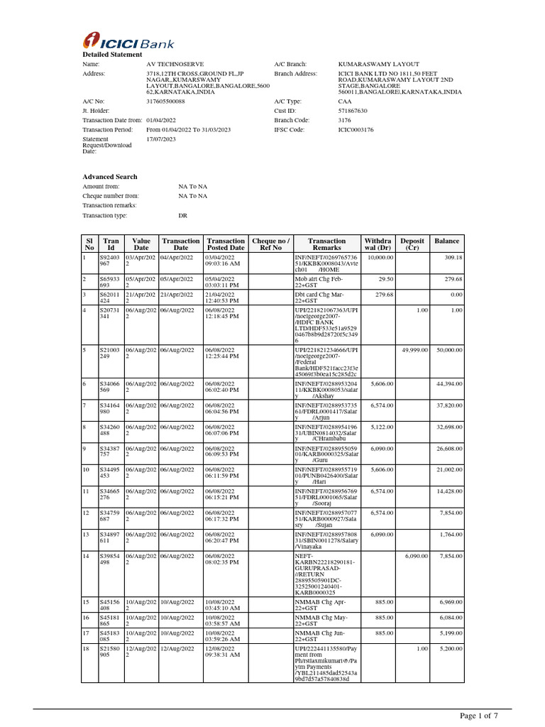ICICI Bank Statement for AV Technoserve | PDF