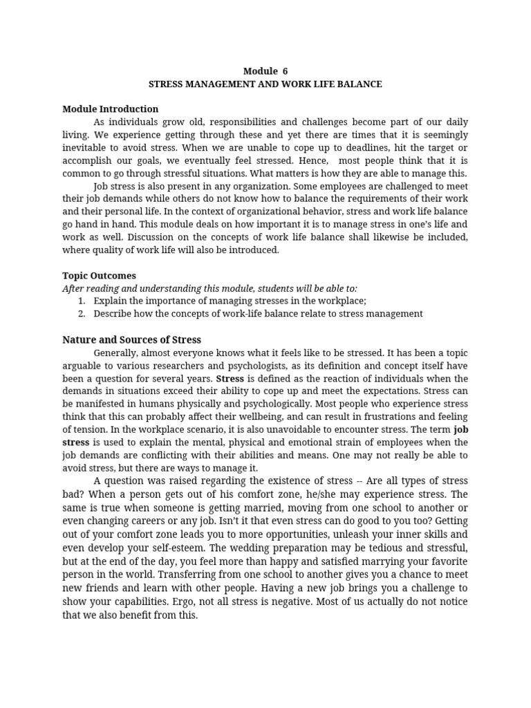 Chapter 6 - Stress Management and Work-Life Balance | PDF