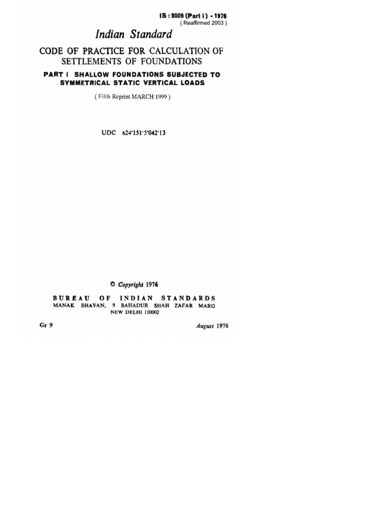 Is 8009.1.1976 Settlement of Foundation Shallow | PDF