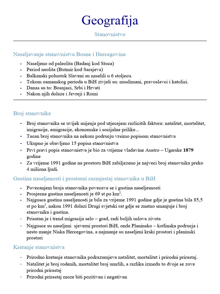 Geografija: Stanovnistvo Naseljavanje Stanovnistva Bosne I Hercegovine ...