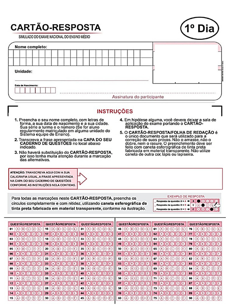 Gabarito para Preencher (Enem Dia 1) - Word | PDF