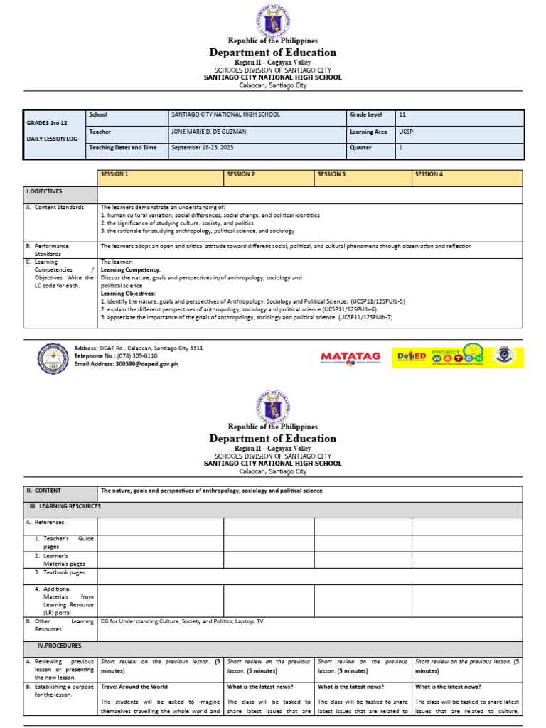 UCSP Week 1 Daily Lesson Log | PDF | Sociology | Anthropology UCSP Week 1 Daily Lesson Log | PDF | Sociology | Anthropology