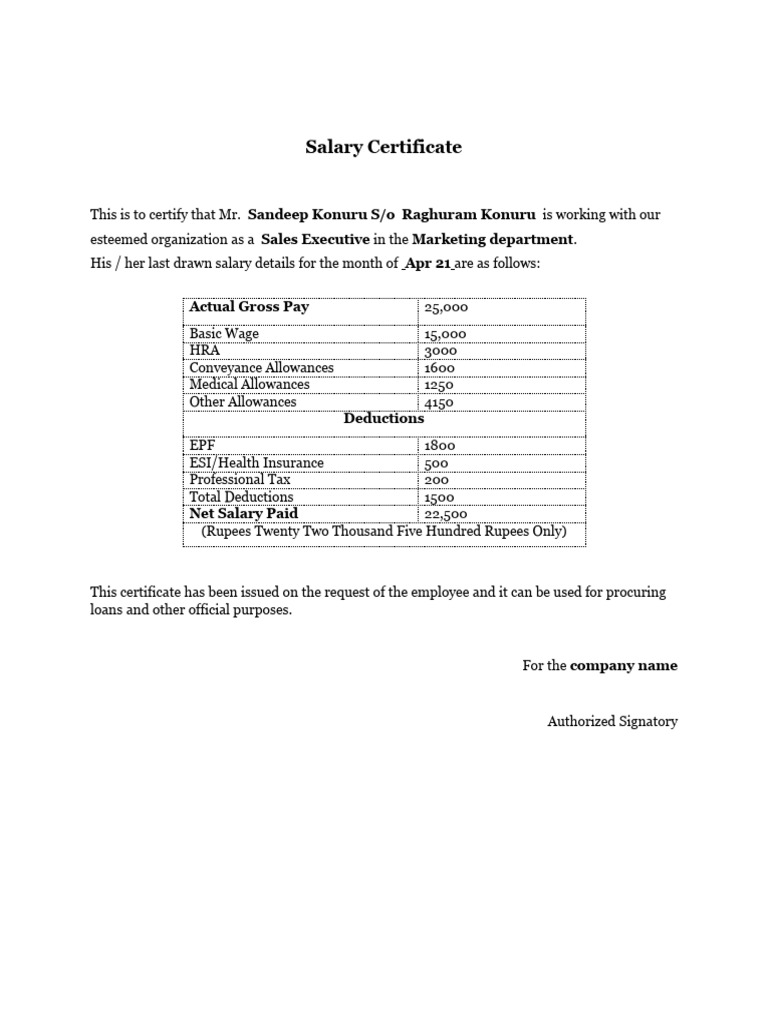 Cash Salary Certificate Format 2 | PDF