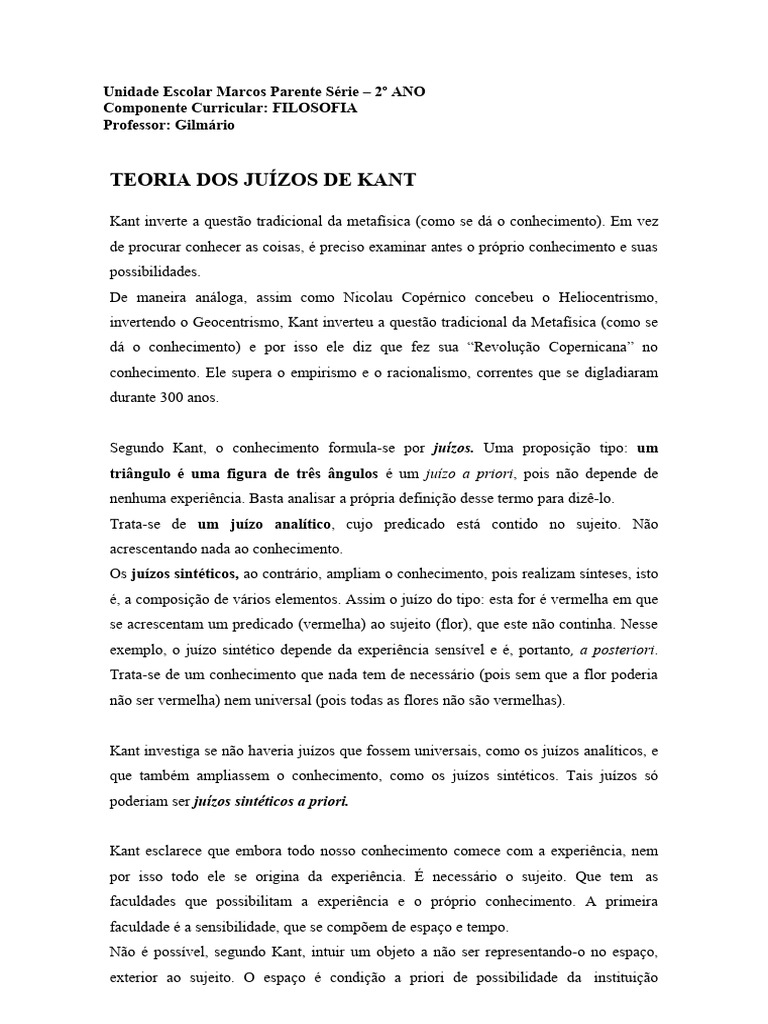 Teoria Dos Juizos - Kant | PDF | Immanuel Kant | A priori e a posteriori
