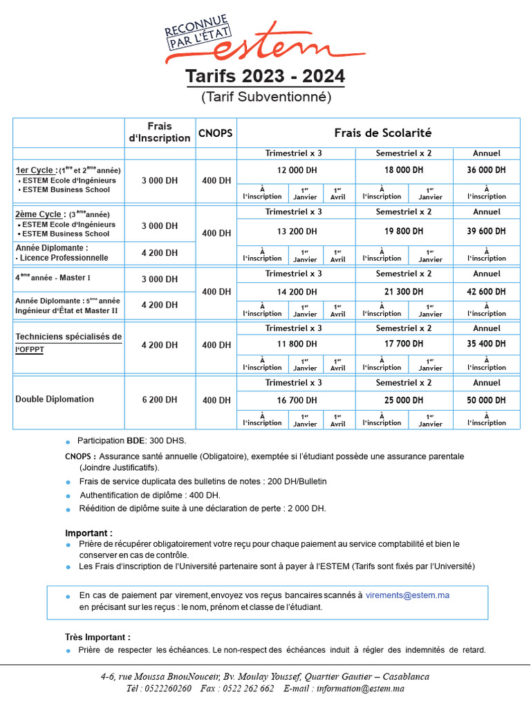 Frais de Scolarité ESTEM 2023-2024 | PDF