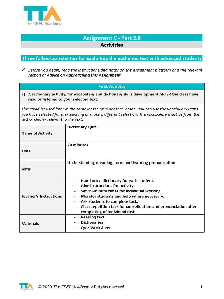 TEFL ACADEMY TASK 3 Activities Submission1 PDF | PDF