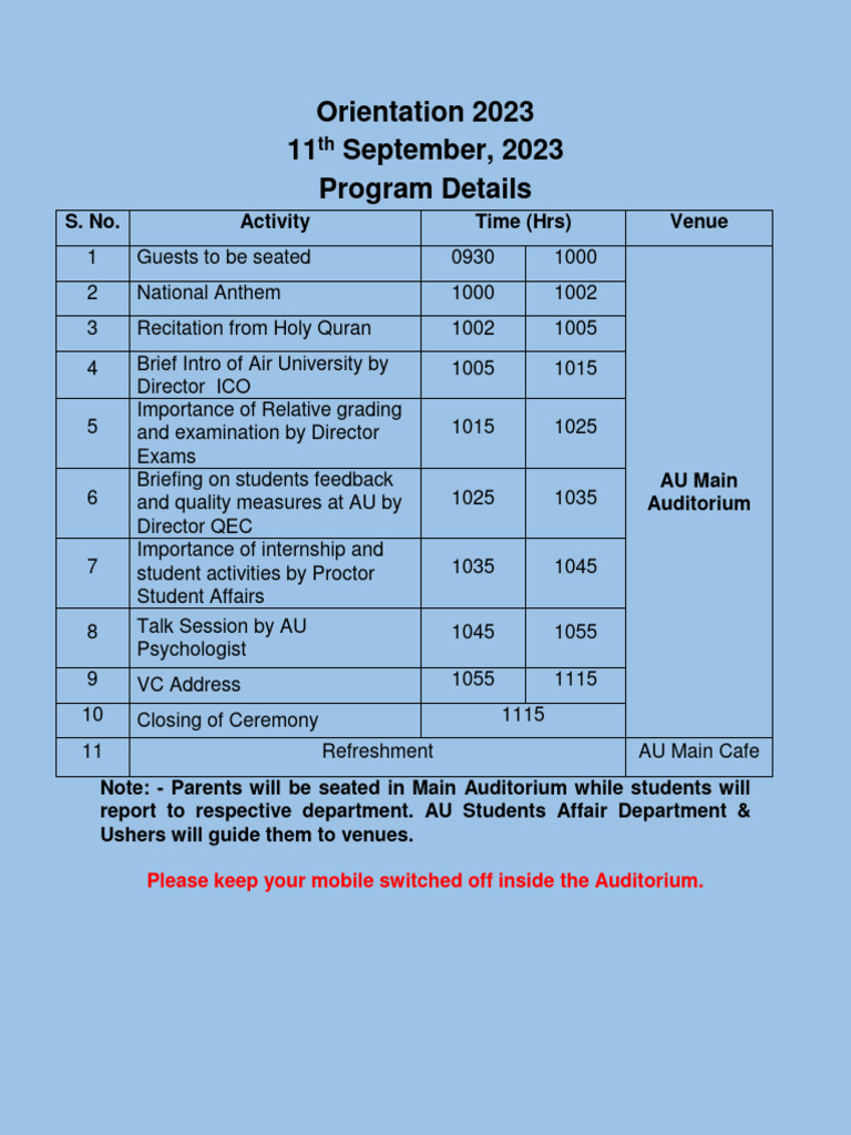 Air University Orientation Schedule 2023 | PDF