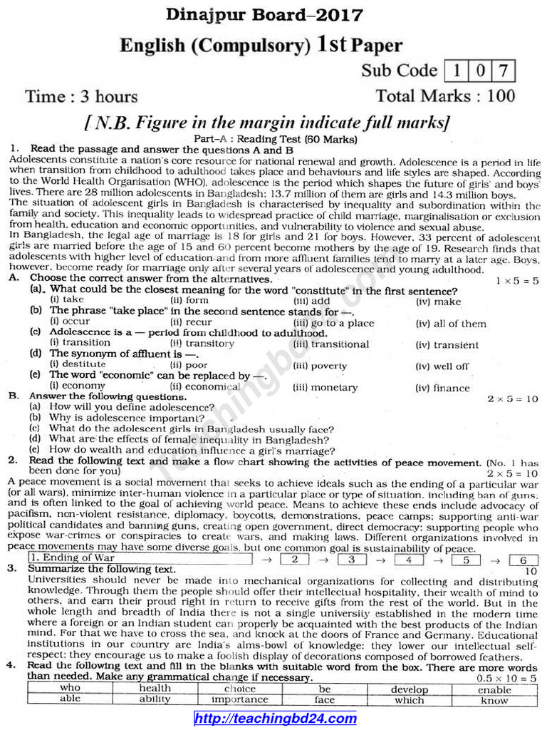 English 1st Paper Question 2017 Dinajpur Board | PDF