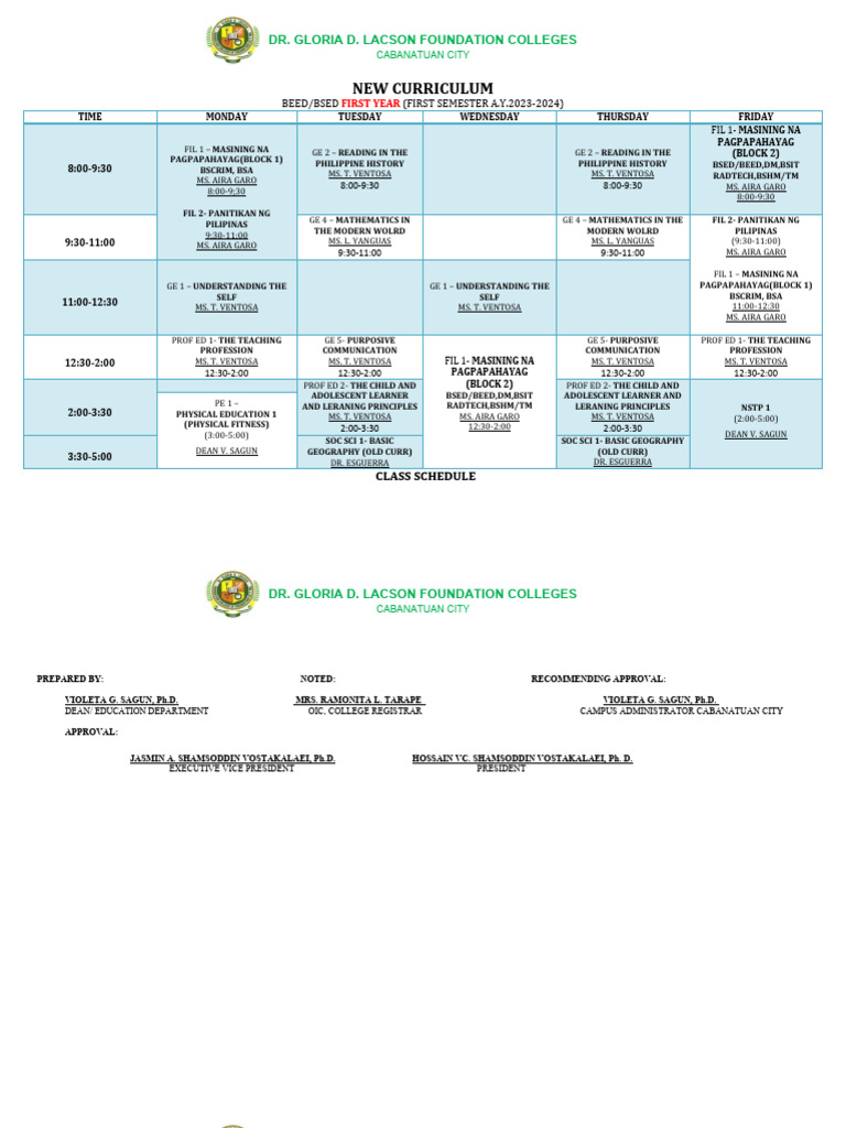 Revised Schedule First Sem A.Y. 2023 2024 | PDF