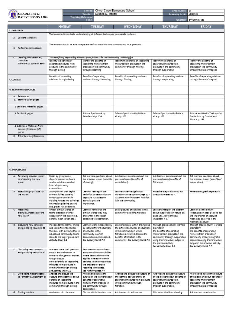DLL SCIENCE-6 Q1 Week5 | PDF