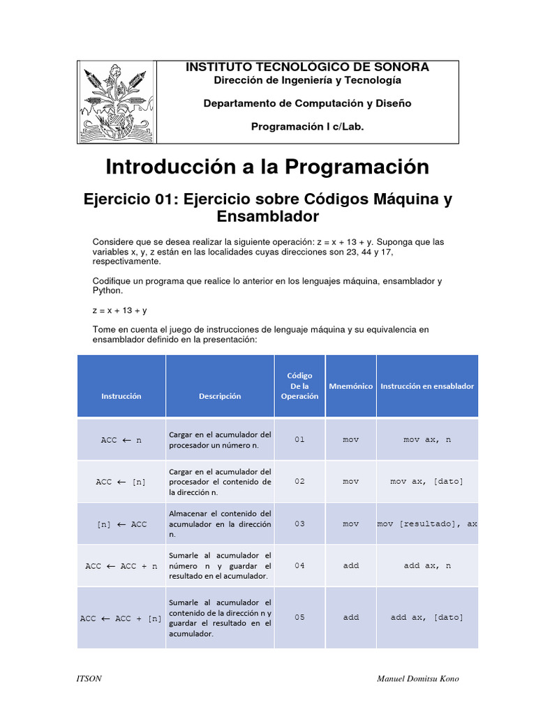 01_Ejercicio sobre Códigos Máquina y Ensamblador | PDF | Lenguaje ...