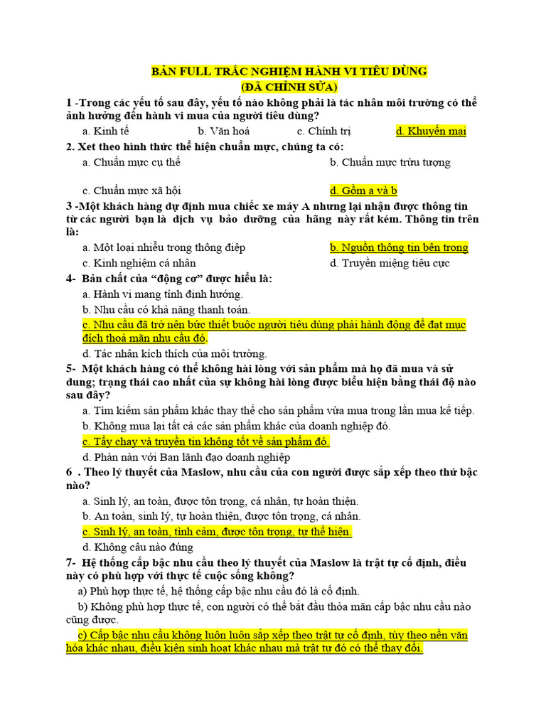 FULL TRẮC NGHIỆM HÀNH VI TIÊU DÙNG (ĐCS) | PDF