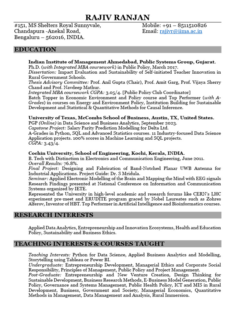 CV - Rajiv Ranjan - Updated Sep'23 | PDF | Entrepreneurship | Innovation