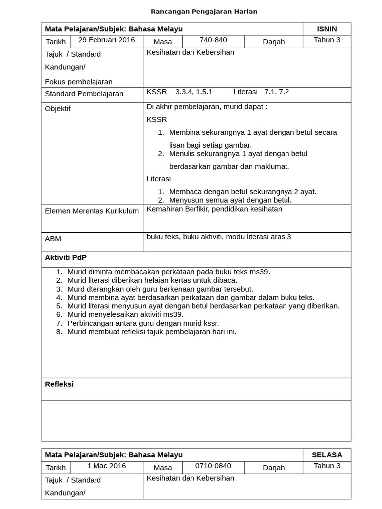 Mata Pelajaran/Subjek: Bahasa Melayu: Isnin | PDF