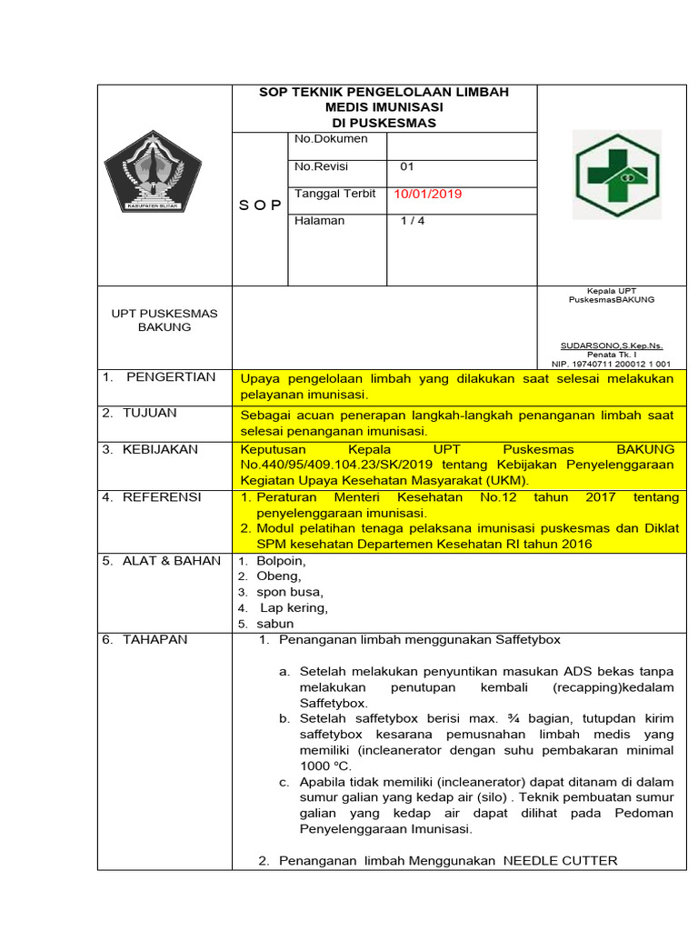 SOP Pengelolaan Limbah Medis Imunisasi | PDF