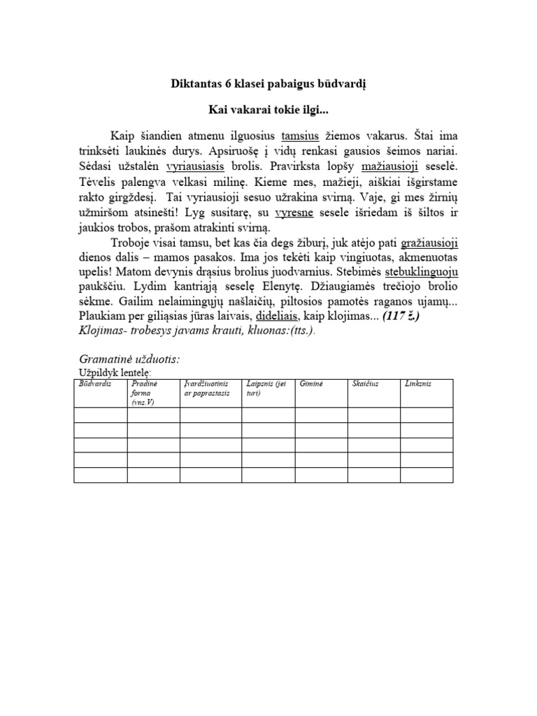 Diktantas 6 Klasei Pabaigus Būdvardį | PDF