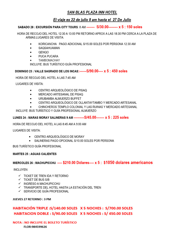Programa de Tours San Blas Plaza Inn | PDF
