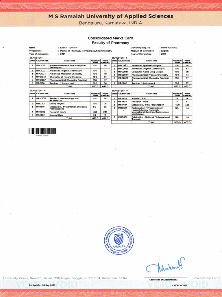 KIRAN TONY M-M.pharM Consolidated Marks Card | PDF