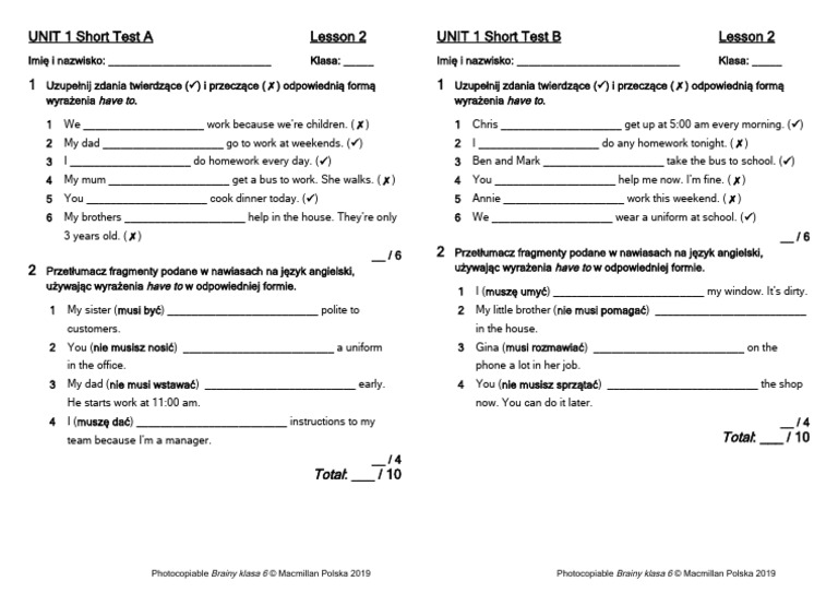 Brainy Kl6 Short Tests Unit 1 Lesson 2 | PDF