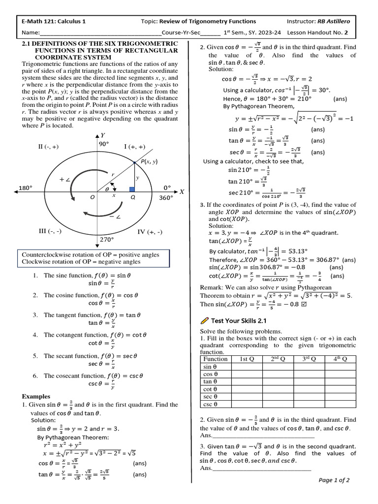 Handout#2 ReviewOfTrigFunctions | PDF | Trigonometric Functions | Euclid