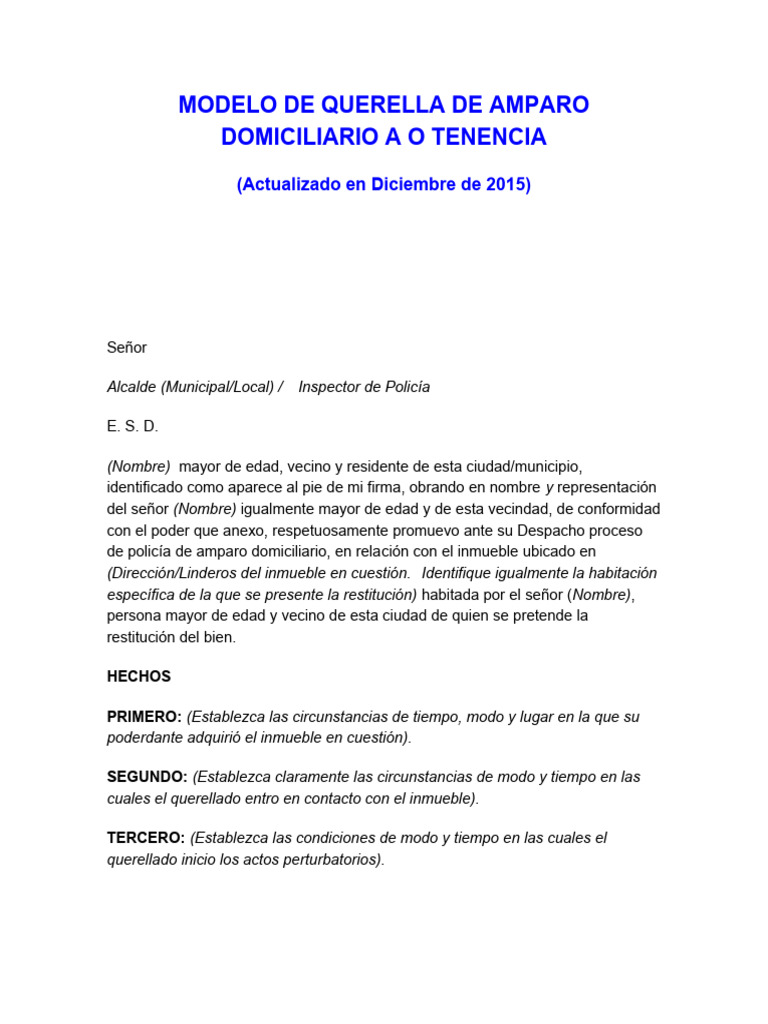 Modelo de Querella de Amparo Domiciliario A o Tenencia | PDF | Queja | Justicia