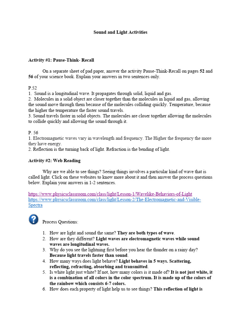Science Waves Activities | PDF | Light | Waves