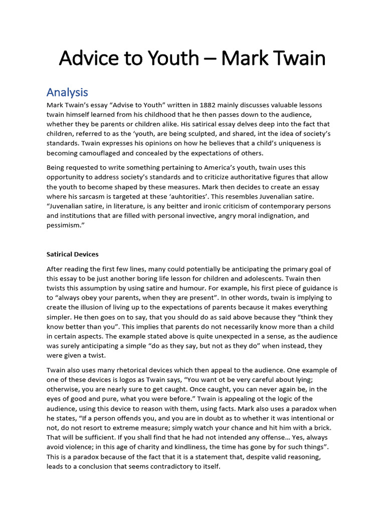 Analysis-Advice To Youth-Mark Twain | PDF