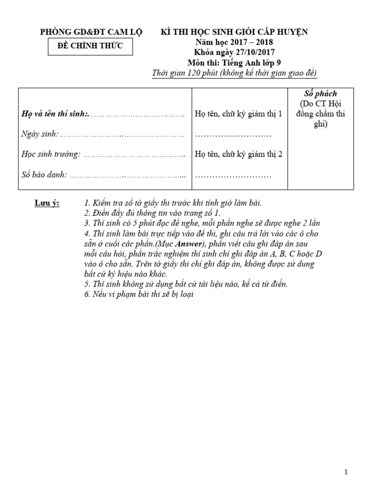 De HSG Anh 9 Cap Huyen de 2 | PDF