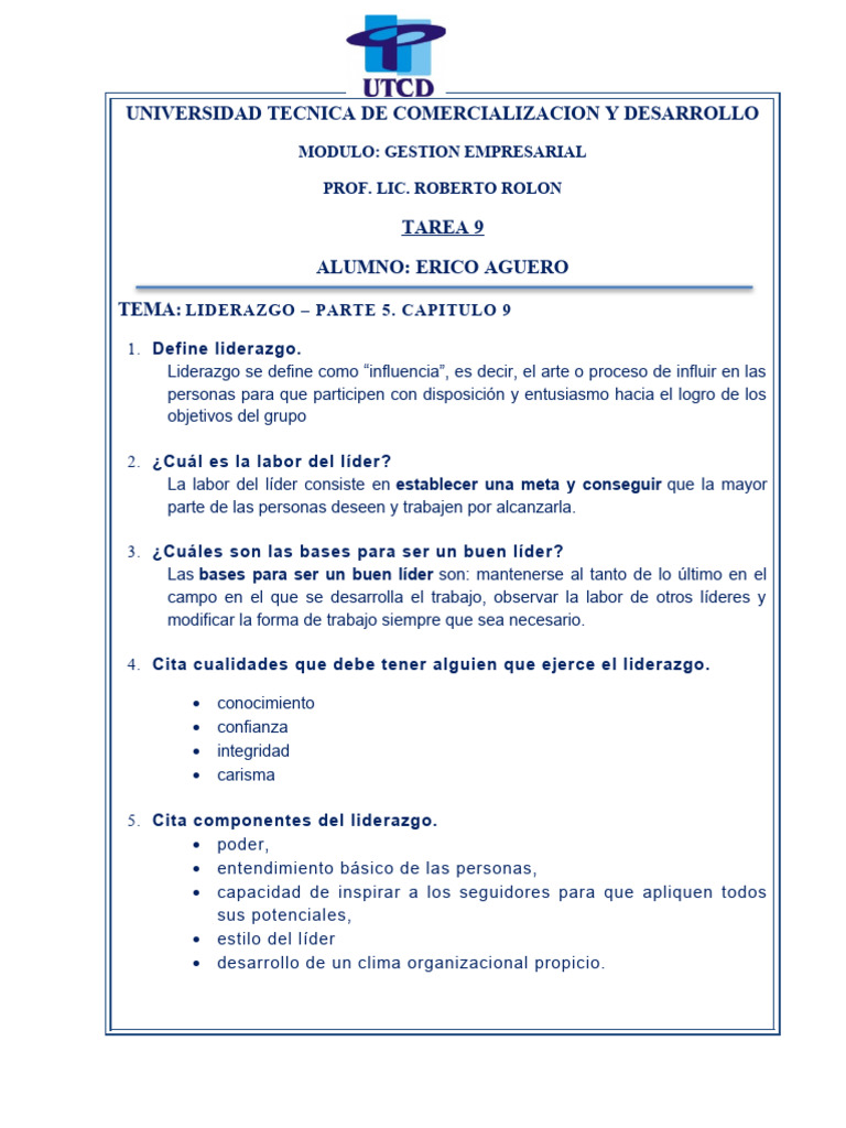 Tarea 9. Liderazgo | PDF | Liderazgo | Comunicación