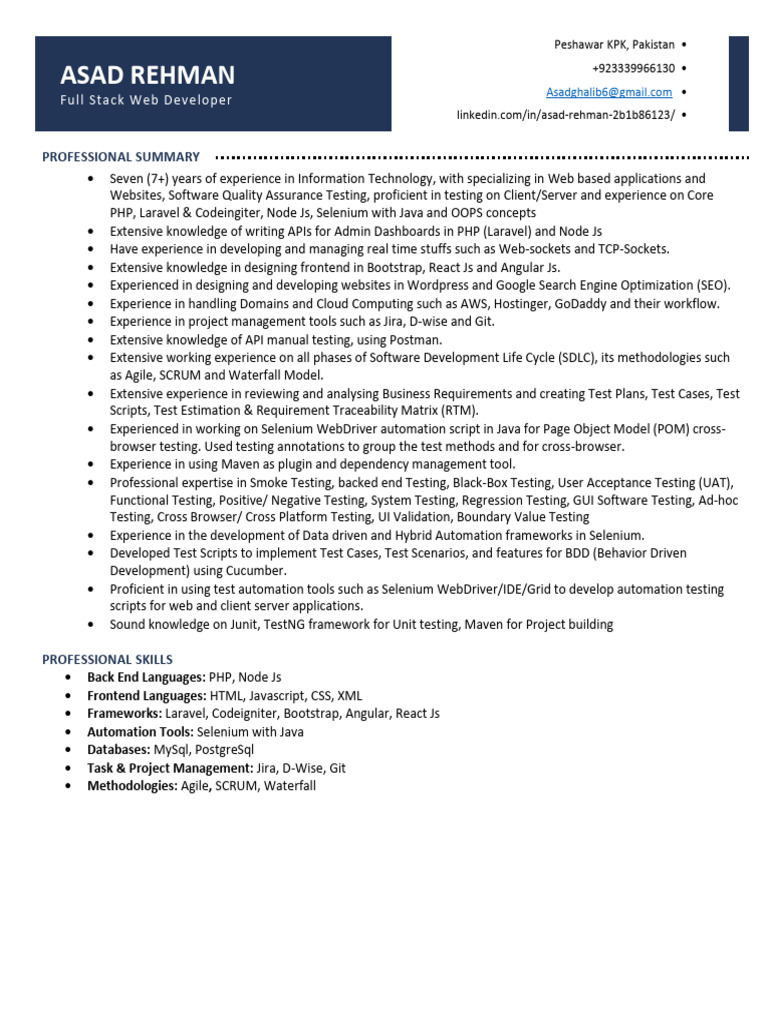 Asad Rehman - Resume | PDF | Selenium (Software) | Software Industry