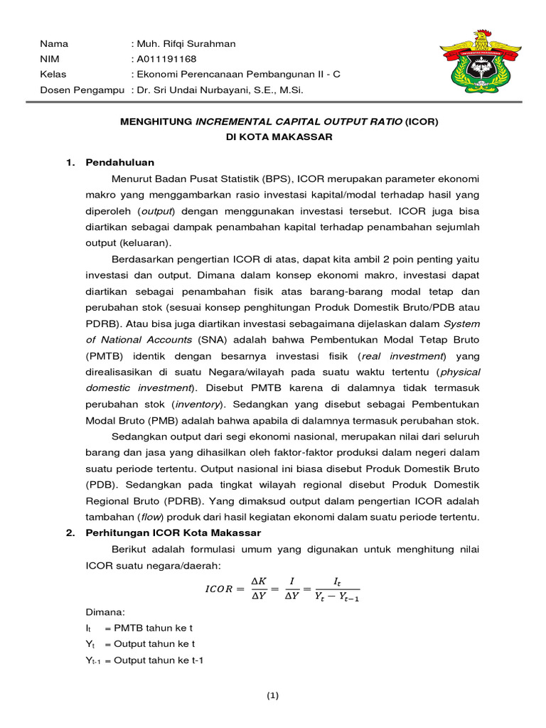Menghitung Incremental Capital Output Ratio (Icor) Di Kota Makassar | PDF | Bisnis | Pengelolaan ...