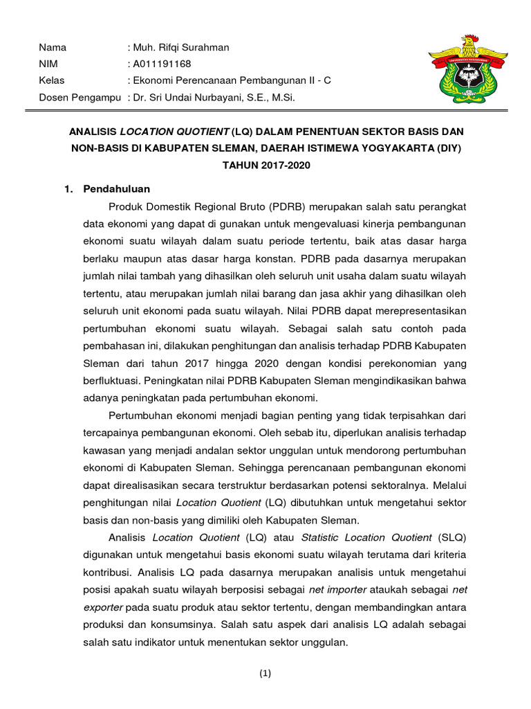 Analisis Location Quotient (LQ) Dalam Penentuan Sektor Basis Dan Non ...