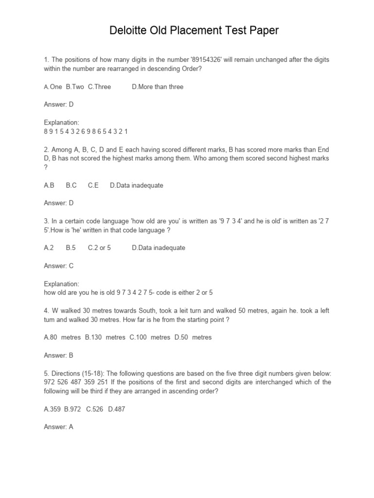Deloitte Model Placement Question Paper | PDF