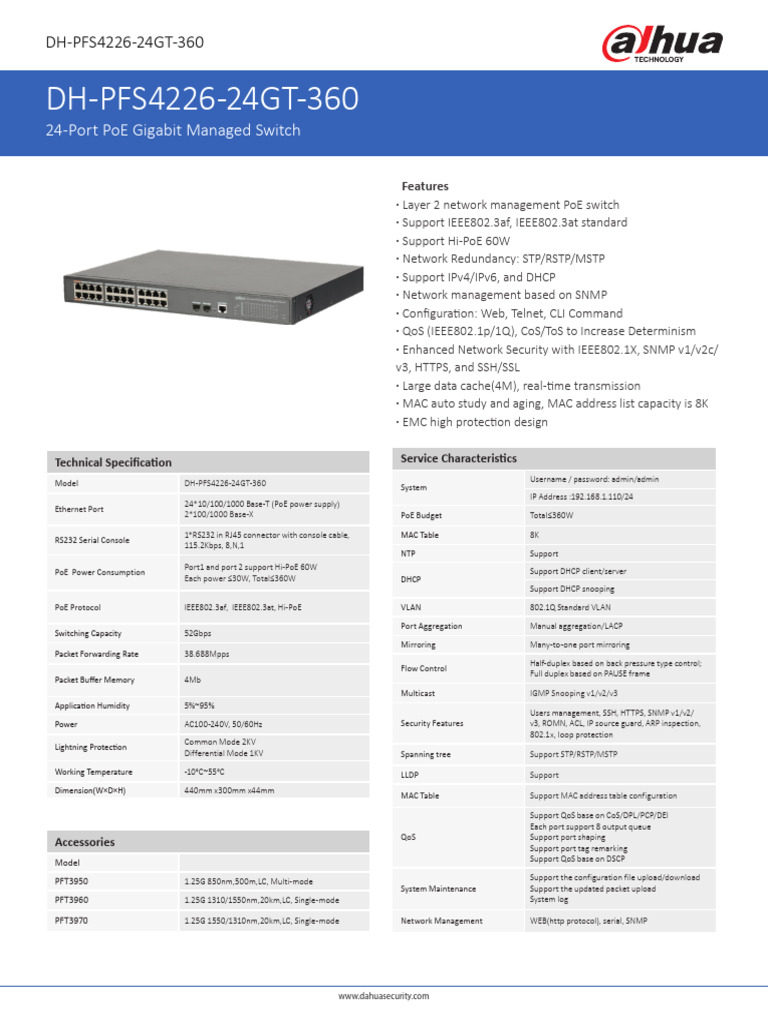 Datasheet - DH PFS4226 24GT 360 | PDF | Computer Network | Network Switch