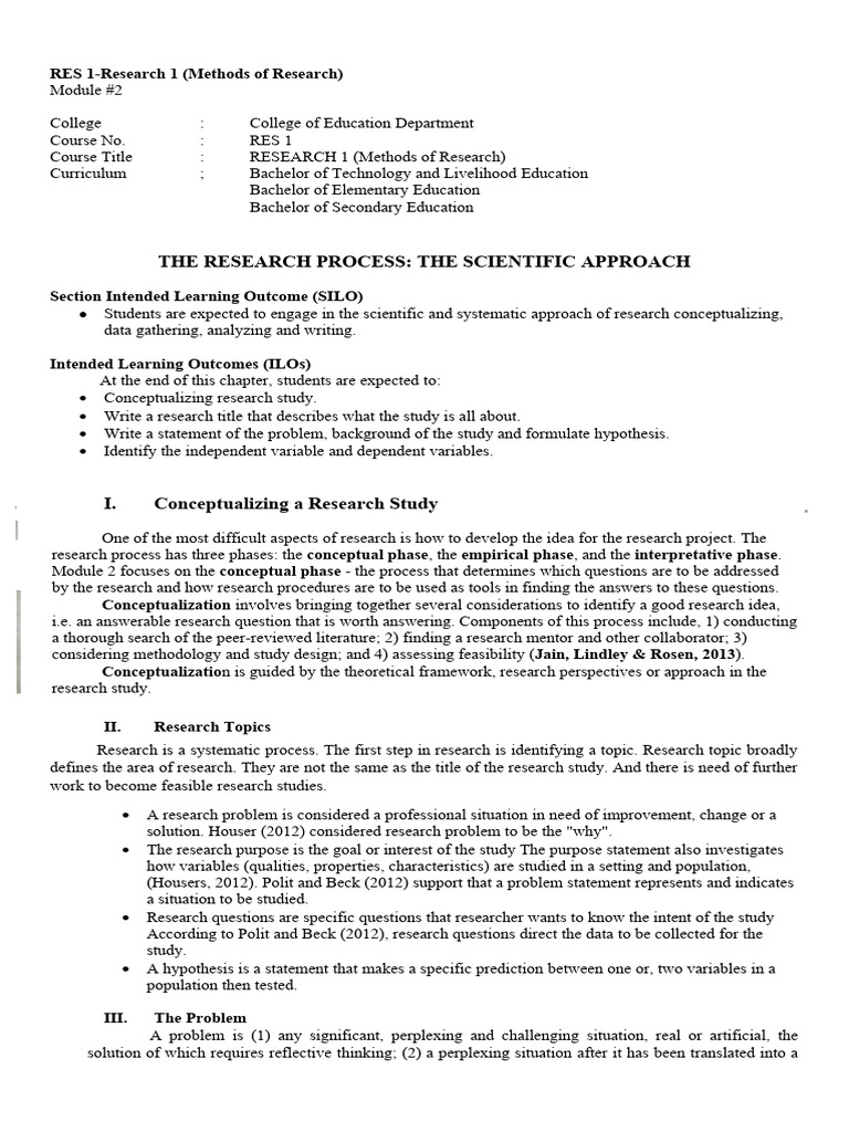RES 1 Module 2 THE RESEARCH PROCESS THE SCIENTIFIC APPROACH Conceptualizing Research Study | PDF