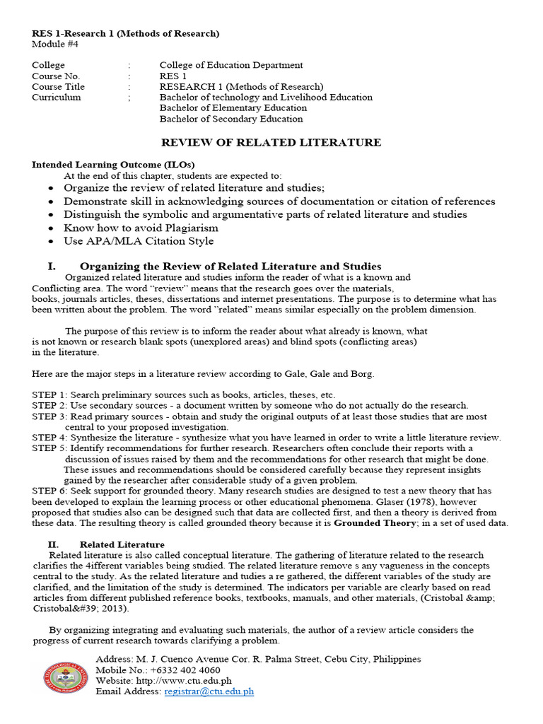 RES 1 Module 4 REVIEW OF RELATED LITERATURE AND Plagiarism APA MLA Citation Style | PDF ...