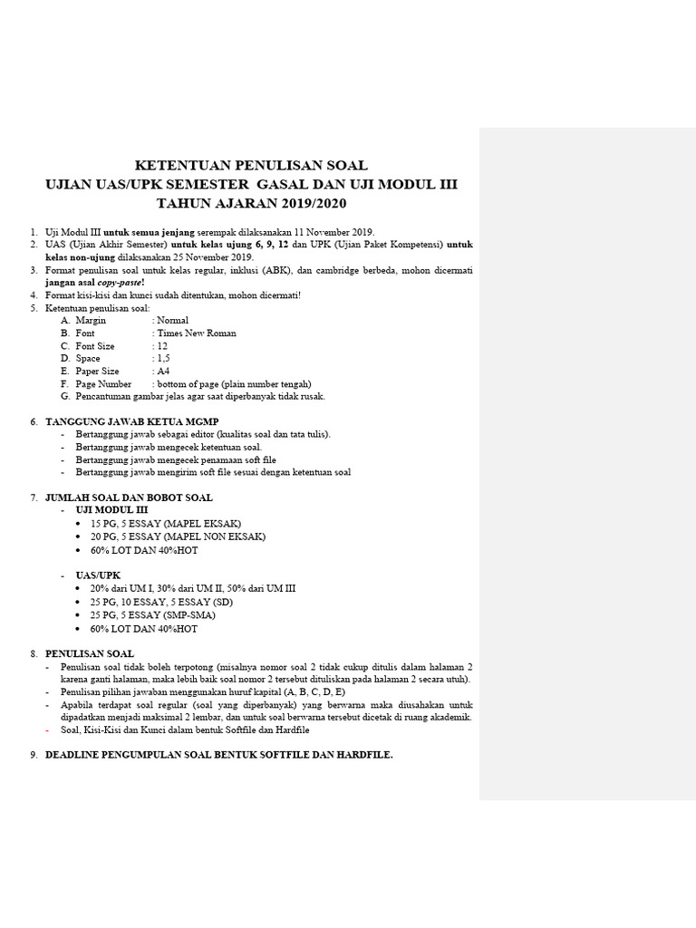 Ketentuan Penulisan Soal Uas Gasal Dan Uji Modul Iii Ta 2019 2020 | PDF