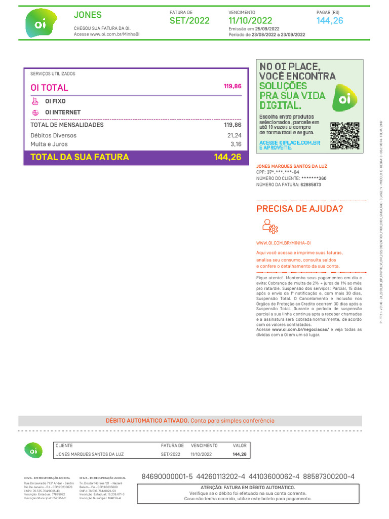 Conta Oi Combo Outubro 2022 | PDF