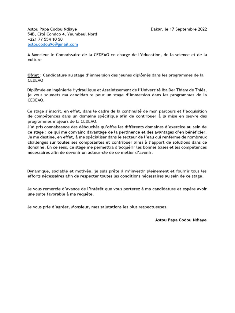 Demande de Stage CEDEAO | PDF | Évolution de carrière
