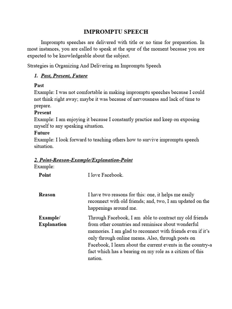 IMPROMPTU SPPECH Organizing and Delivering An Impromptu Speech | PDF ...