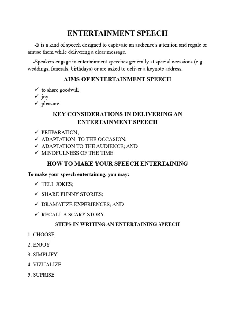 ENTERTAINMENT SPEECH Organizing and Delivering An Entertainment Speech | PDF