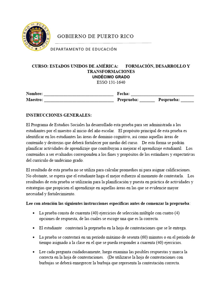 Undecimo Grado Prueba Diagnostica Oficial | PDF