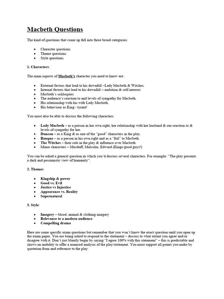 Macbeth Exam Questions | PDF | Macbeth