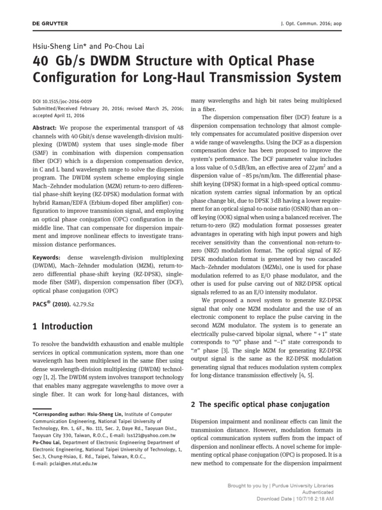 40 Gb:s DWDM Structure With Optical Phase Configuration For Long-Haul Transmission System | PDF ...