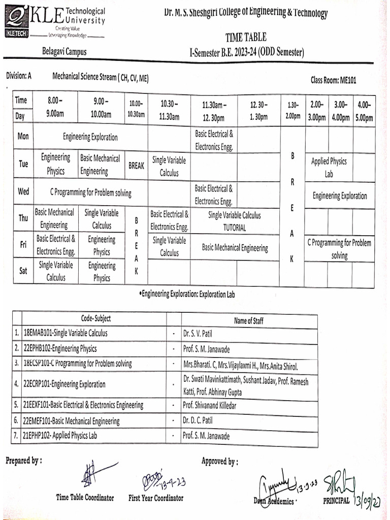 I-Sem Time Table 2023-24 | PDF