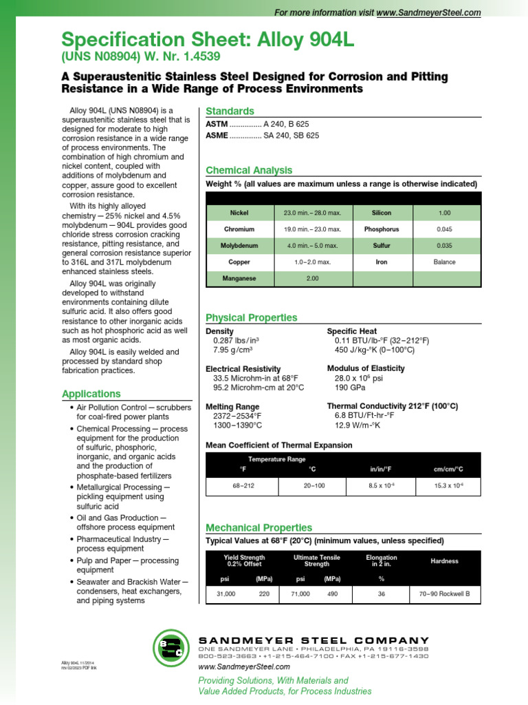 Alloy904L SpecSheet | Download Free PDF | Stainless Steel | Steel