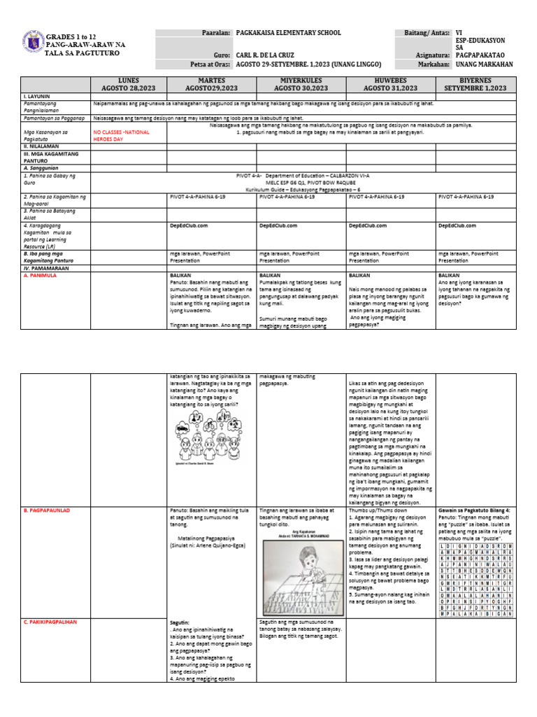 DLL Esp 6 Q1 W1 | PDF