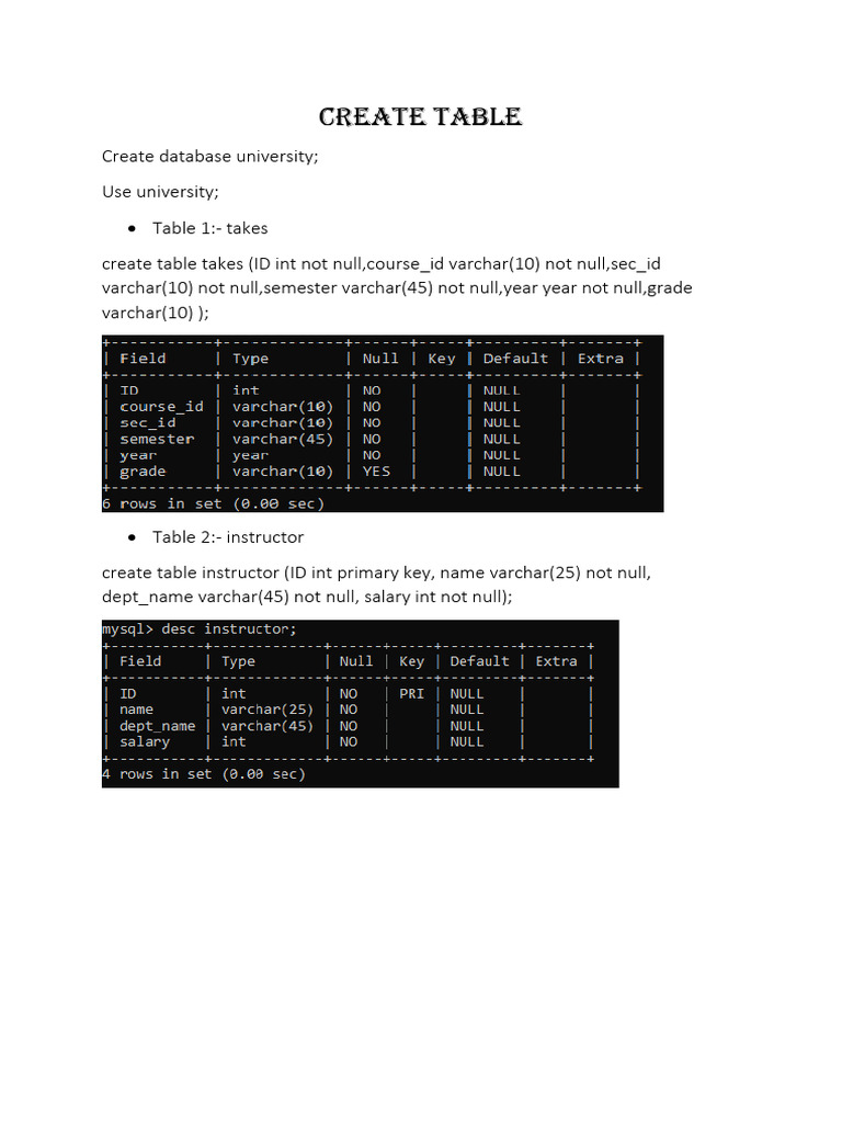 University Database Table Creation | PDF