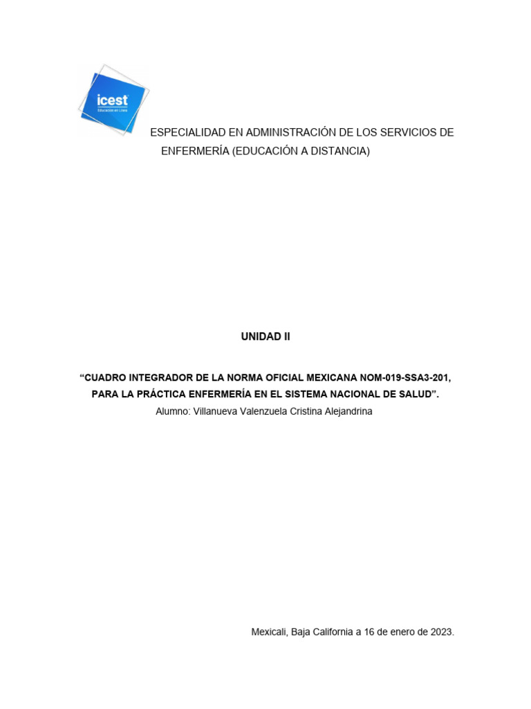 "Cuadro Integrador de La Norma Oficial Mexicana Nom-019-Ssa3-201, para ...