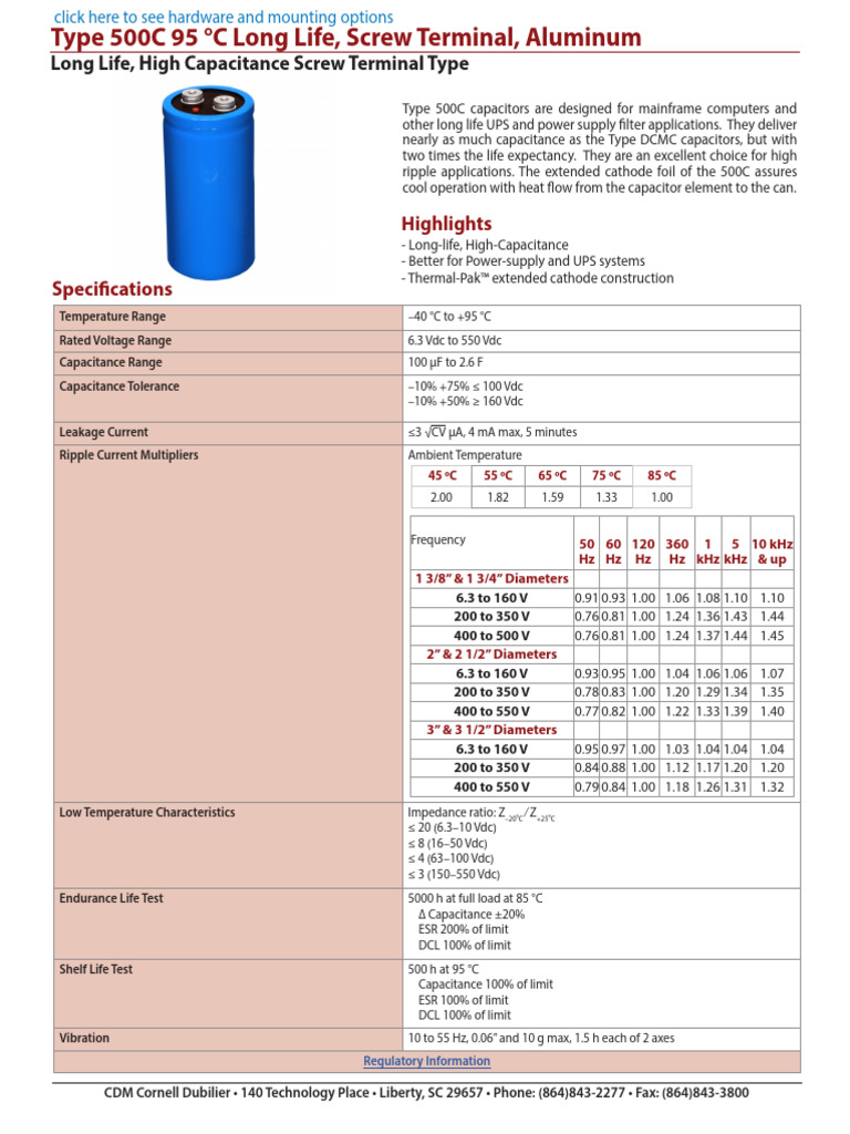Specifications: Long Life, High Capacitance Screw Terminal Type | PDF